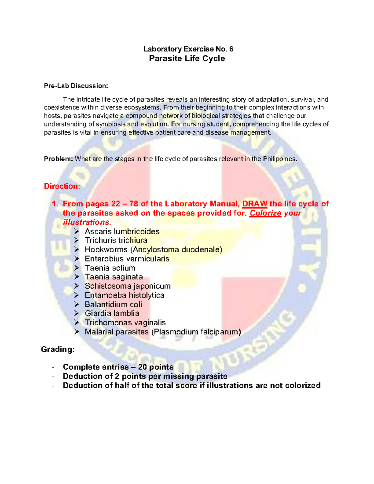 2024 Lab Exercise 6 - Laboratory Exercise No. 6 Parasite Life Cycle Pre-Lab Discussion: The ...