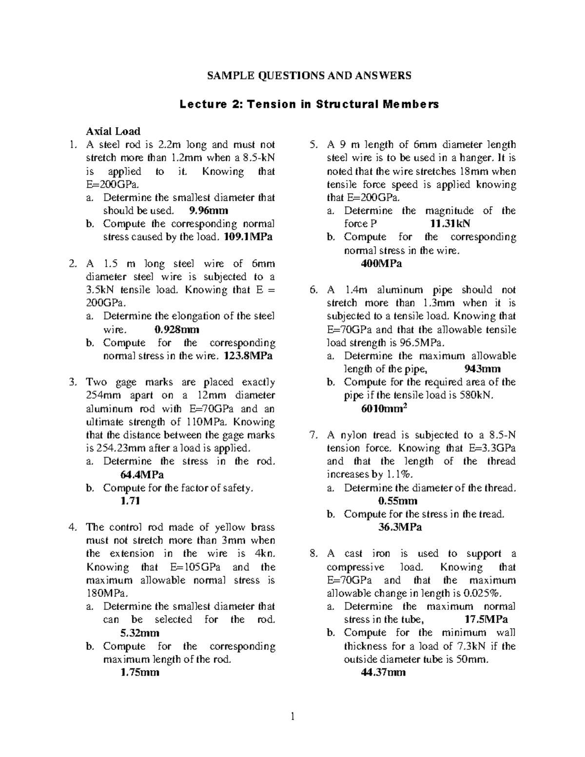 Strength of Materials 1(ME 255) - SAMPLE QUESTIONS AND ANSWERS Lecture ...