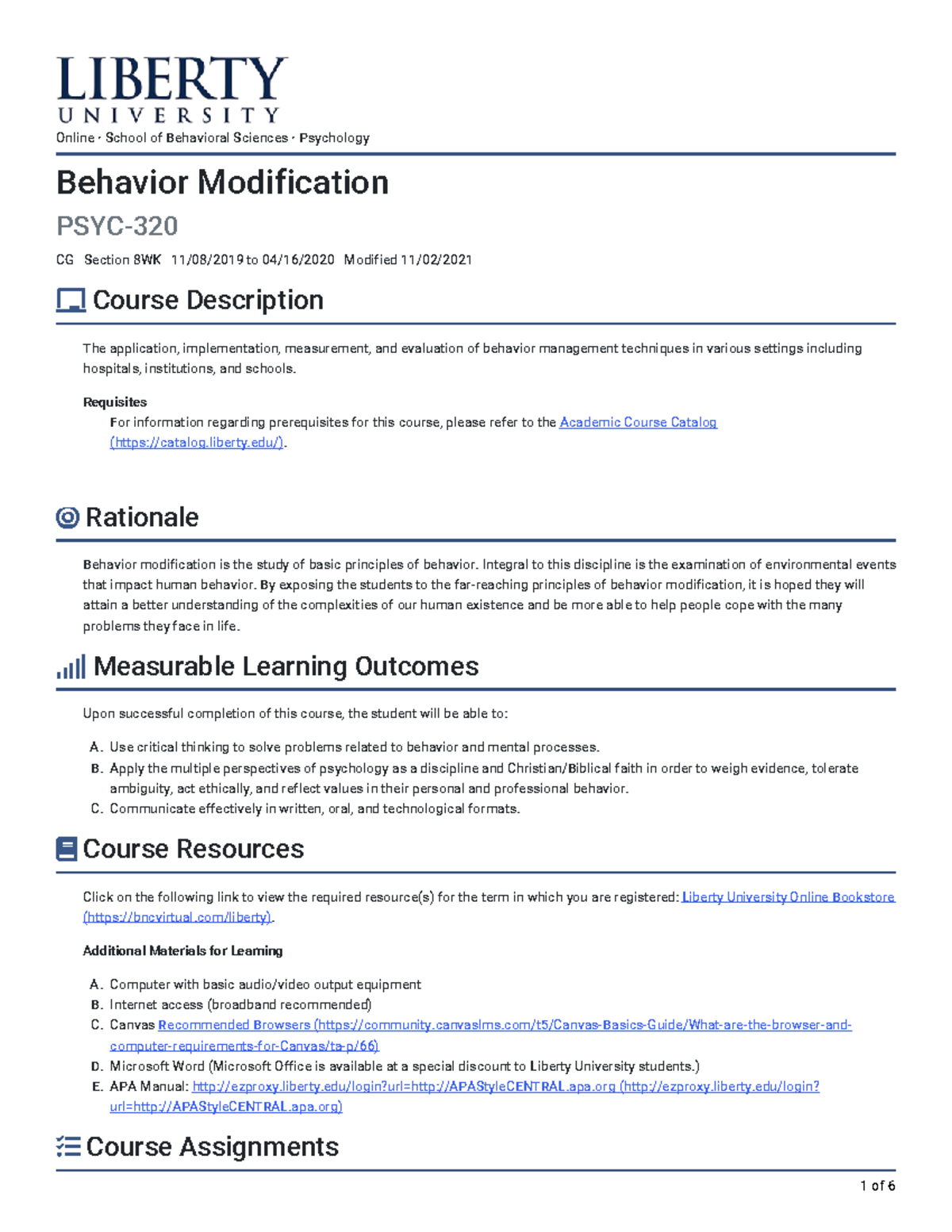 Behavior Modification PSYC 320 CG - ÿ Course Description The ...