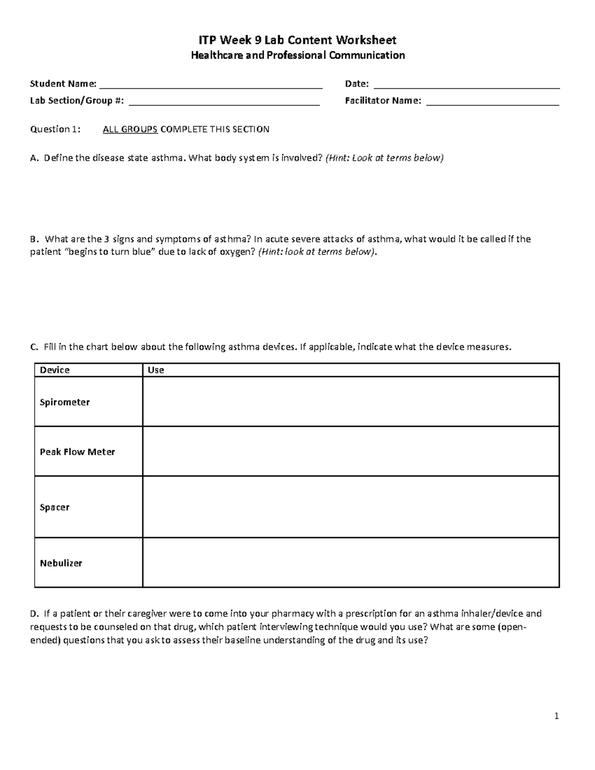 Healthcare and Professional Communication, Lab Content Worksheet, Wk 9, Fall 2023 - ITP Week 9 ...