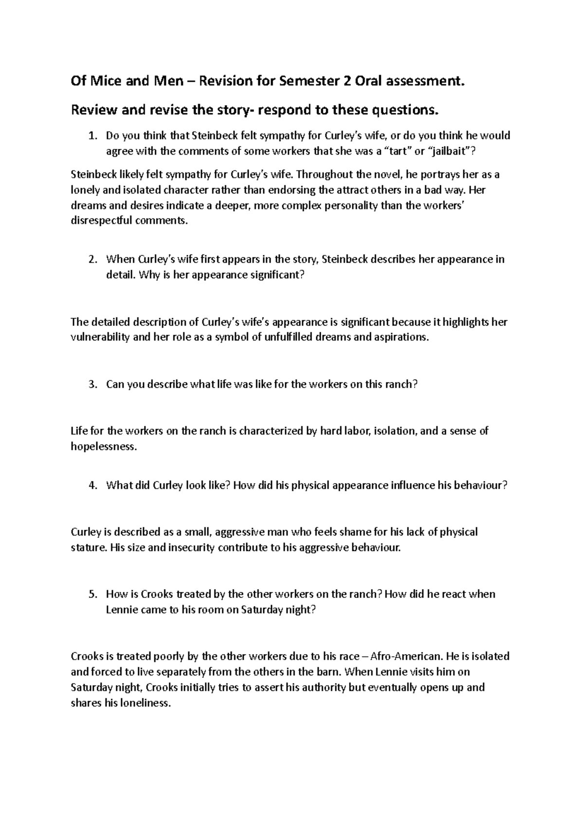 Of Mice and Men review questions - for oral - Of Mice and Men ...