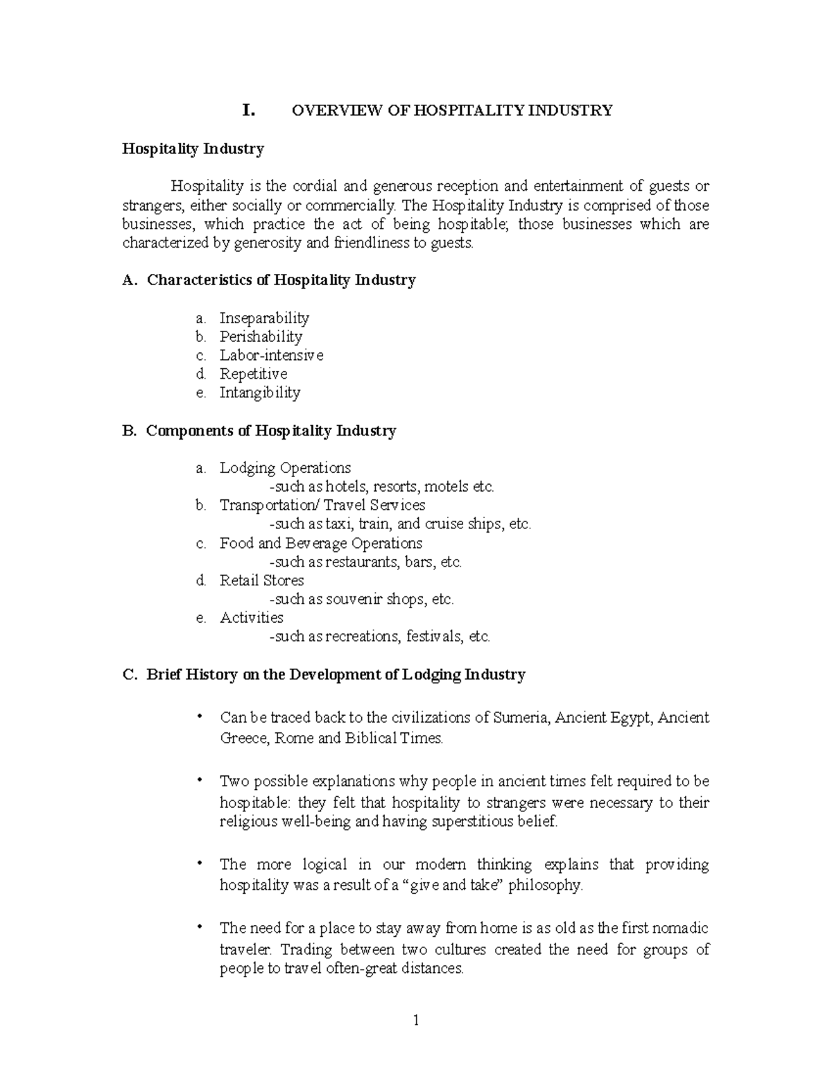 Lodging copy - now - I. OVERVIEW OF HOSPITALITY INDUSTRY Hospitality ...