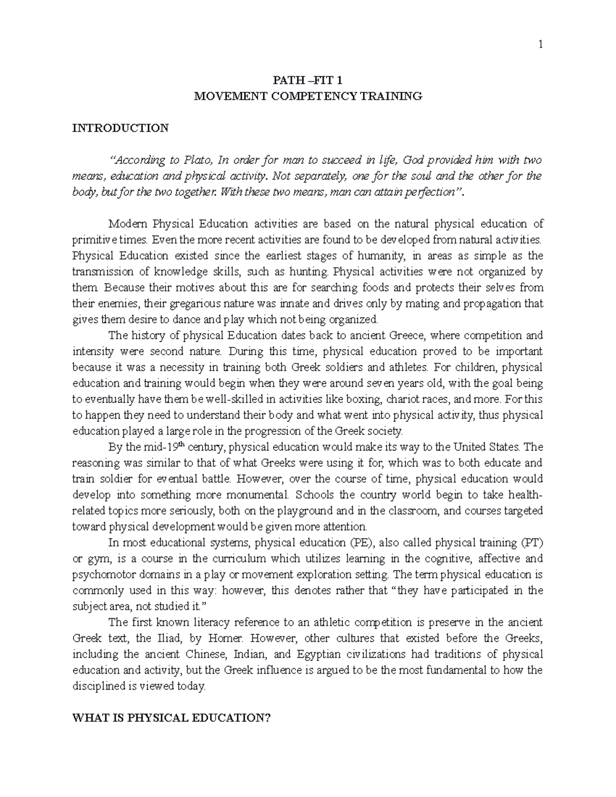 PATH-FIT 1 Handouts - PATH –FIT 1 MOVEMENT COMPETENCY TRAINING ...