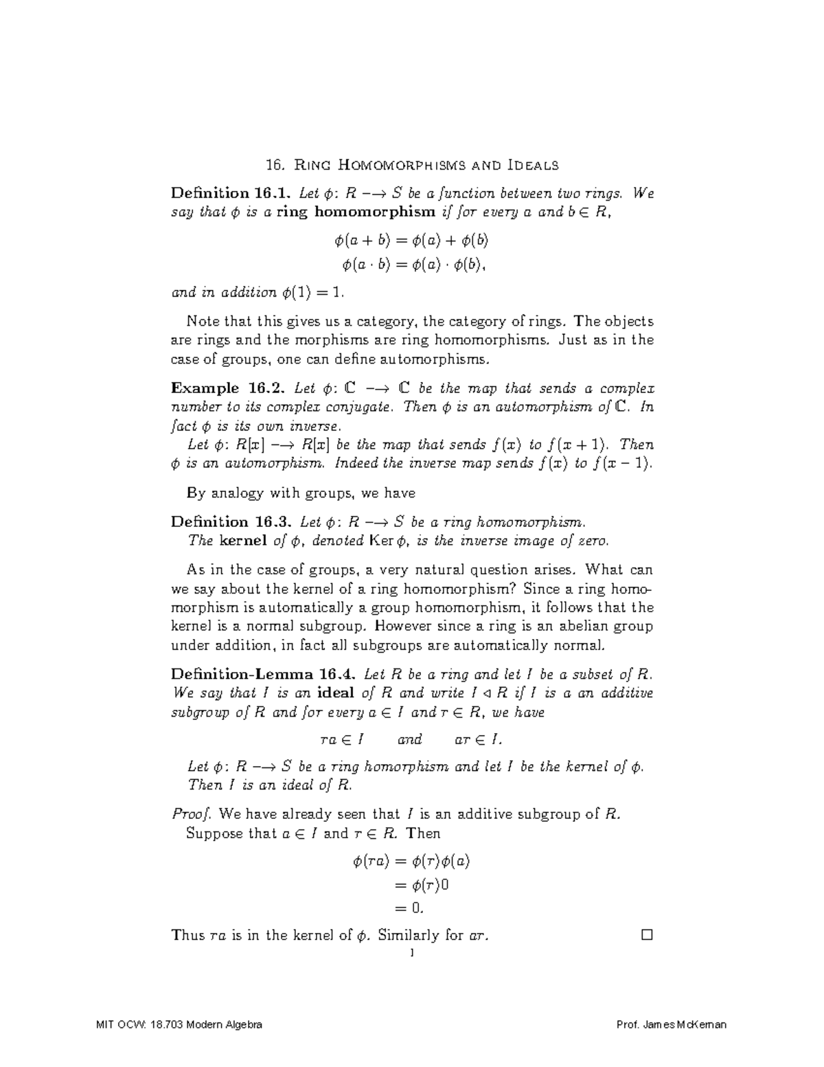 Modern Algebra Lecture 16 - Ring Homomorphisms and Ideals Definition 16 ...