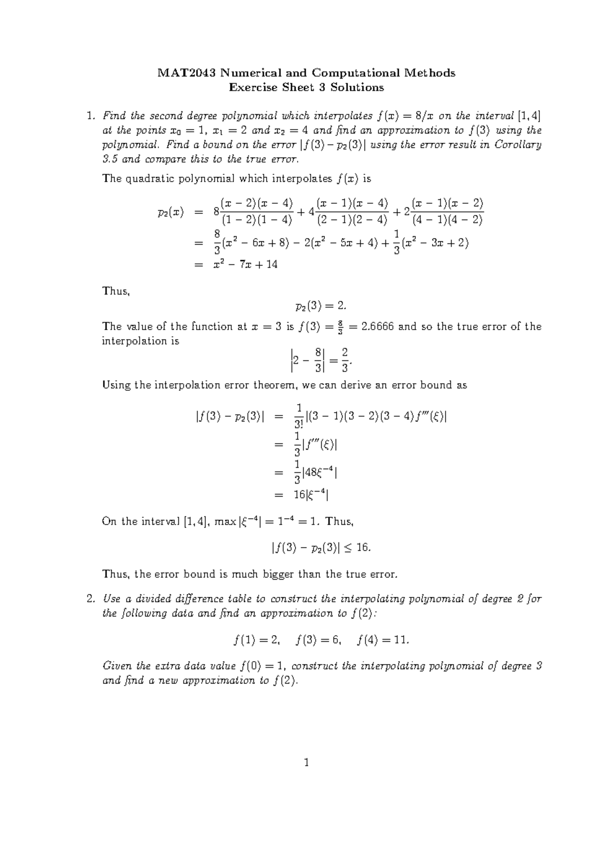 Mat2043 2010 Exercise Sheet 3 Solutions Mat2043 Numerical And Computational Methods Exercise