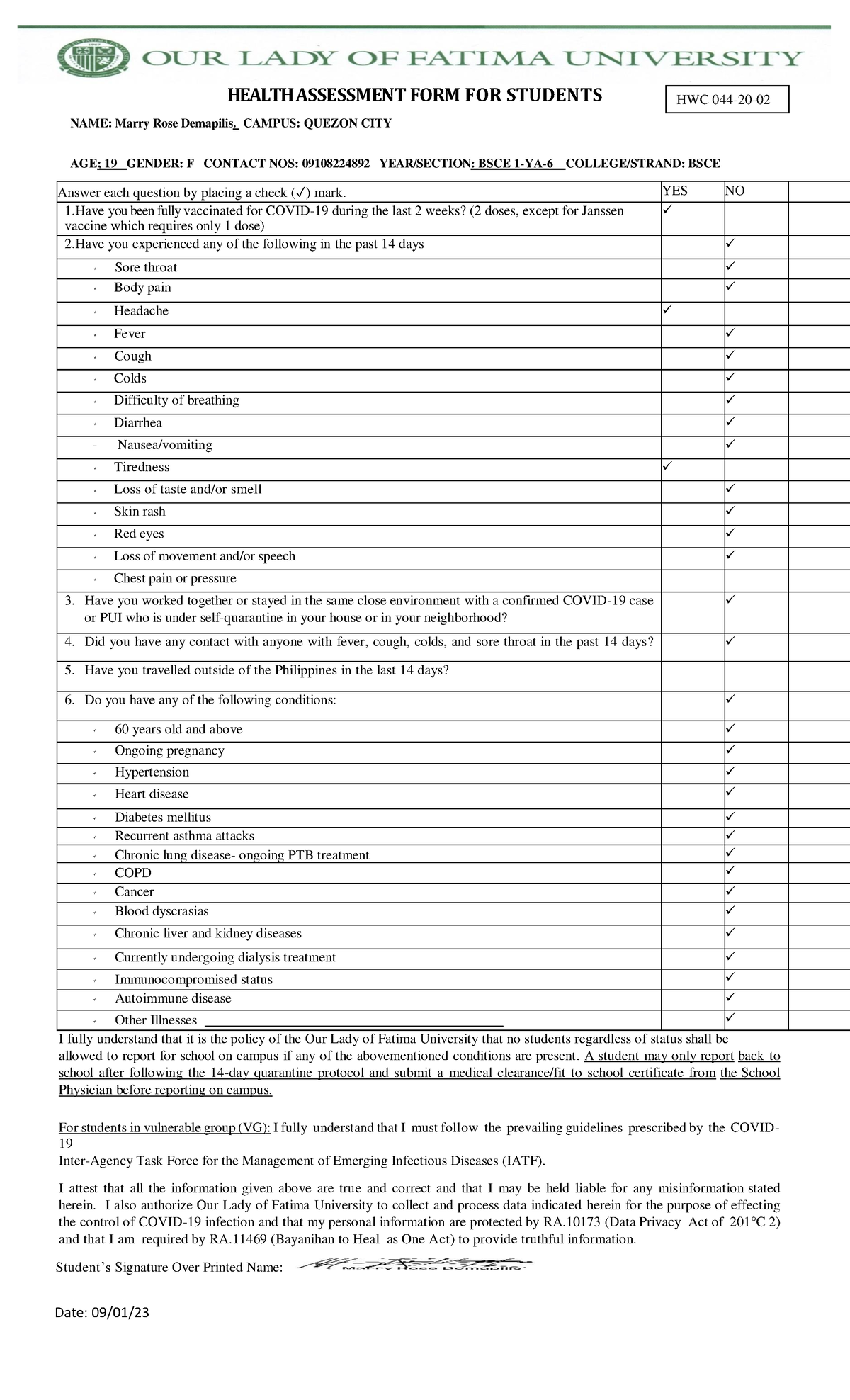 BSCE 1ST Demapilis Marryrose A - HEALTH ASSESSMENT FORM FOR STUDENTS ...