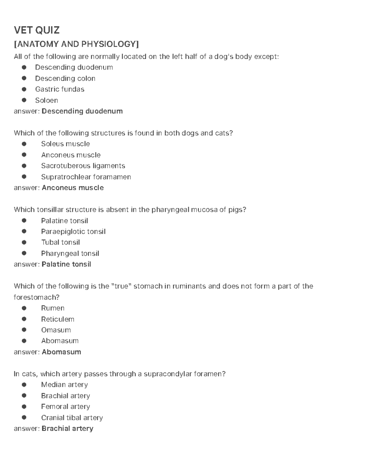 VETERINARY NOTES - VET QUIZ [ANATOMY AND PHYSIOLOGY] All of - Studocu