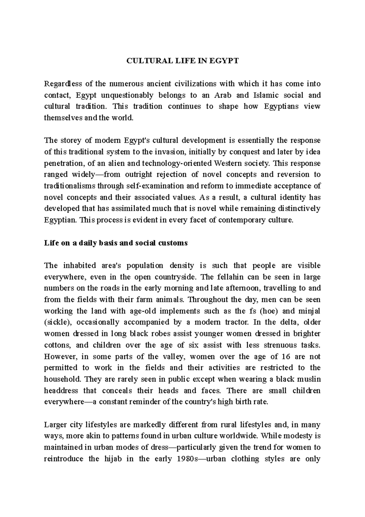 Cultural life in Egypt - Lecture notes 3 - CULTURAL LIFE IN EGYPT ...