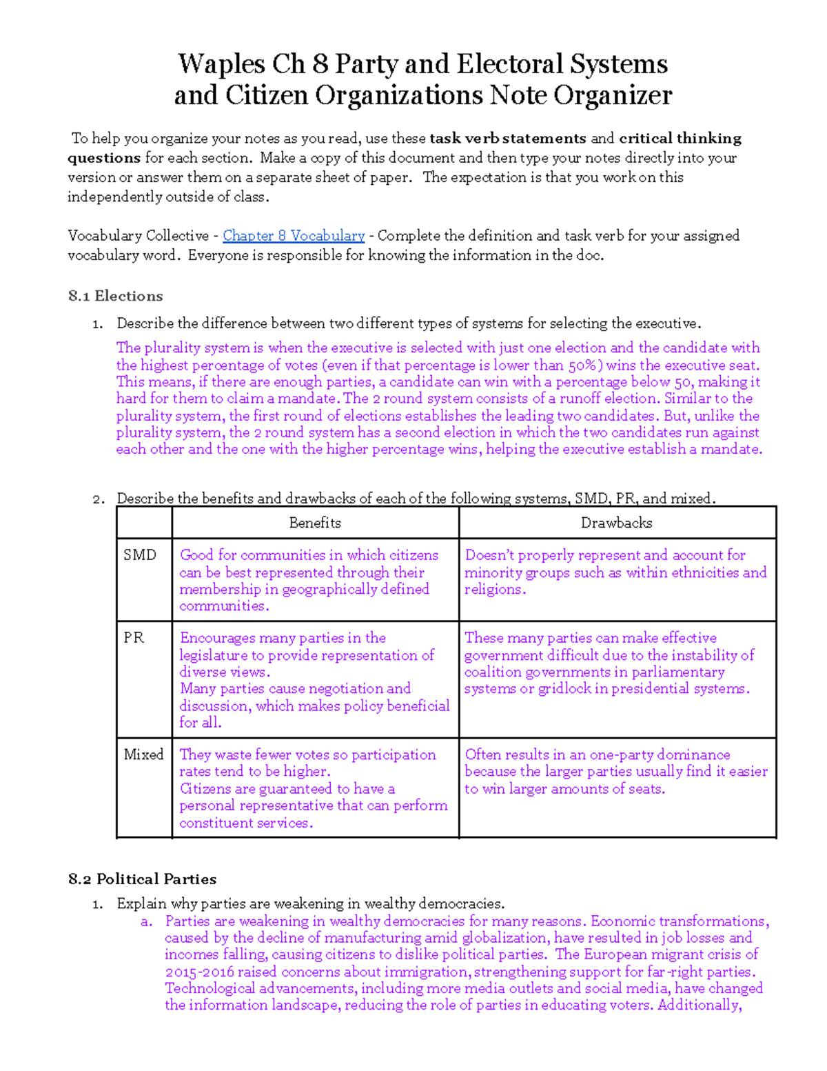 Copy of Waples Ch 8 Party and Electoral Systems - Waples Ch 8 Party and ...