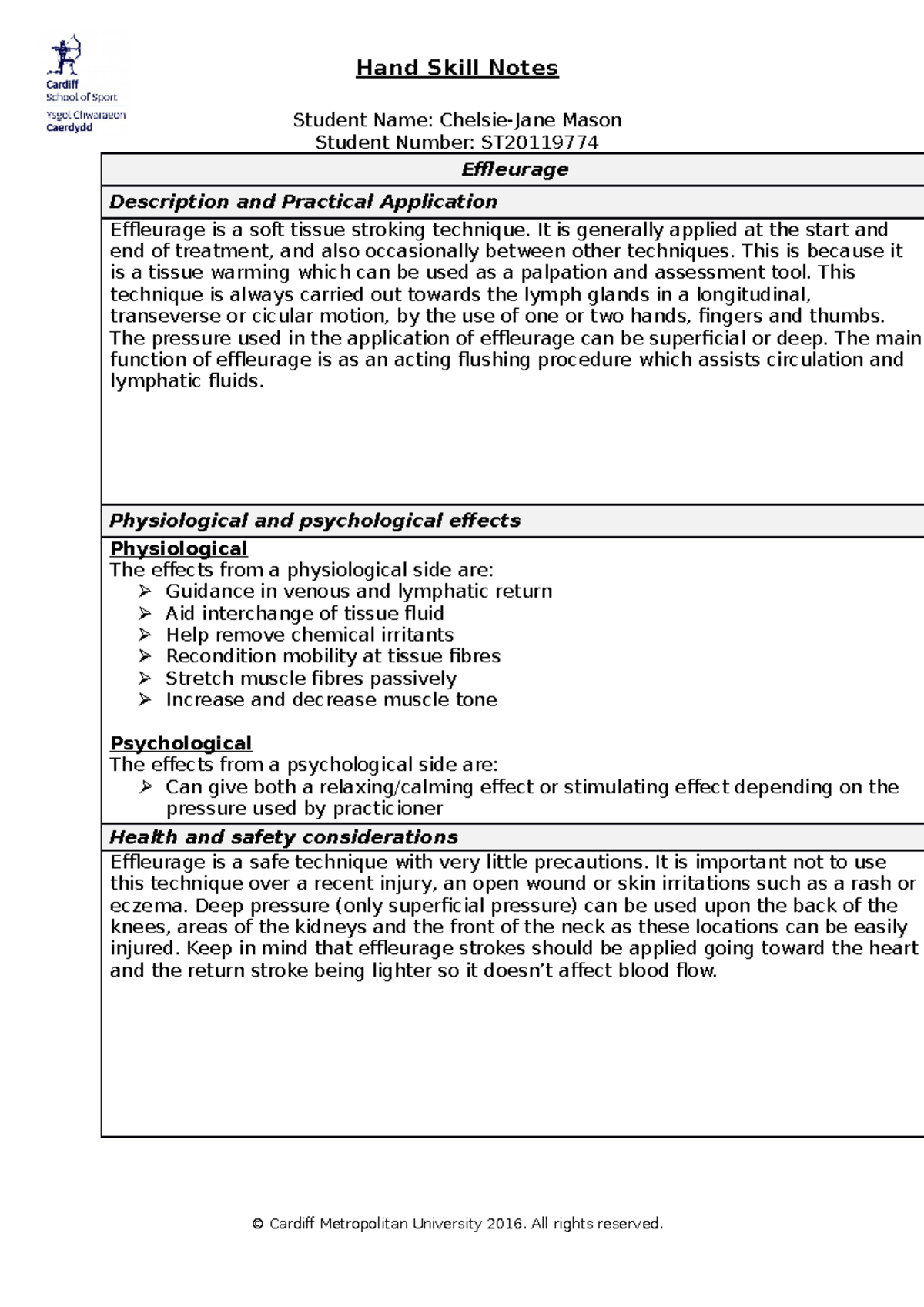 Hand skill notes - Effleurage - Hand Skill Notes Student Name: Chelsie ...
