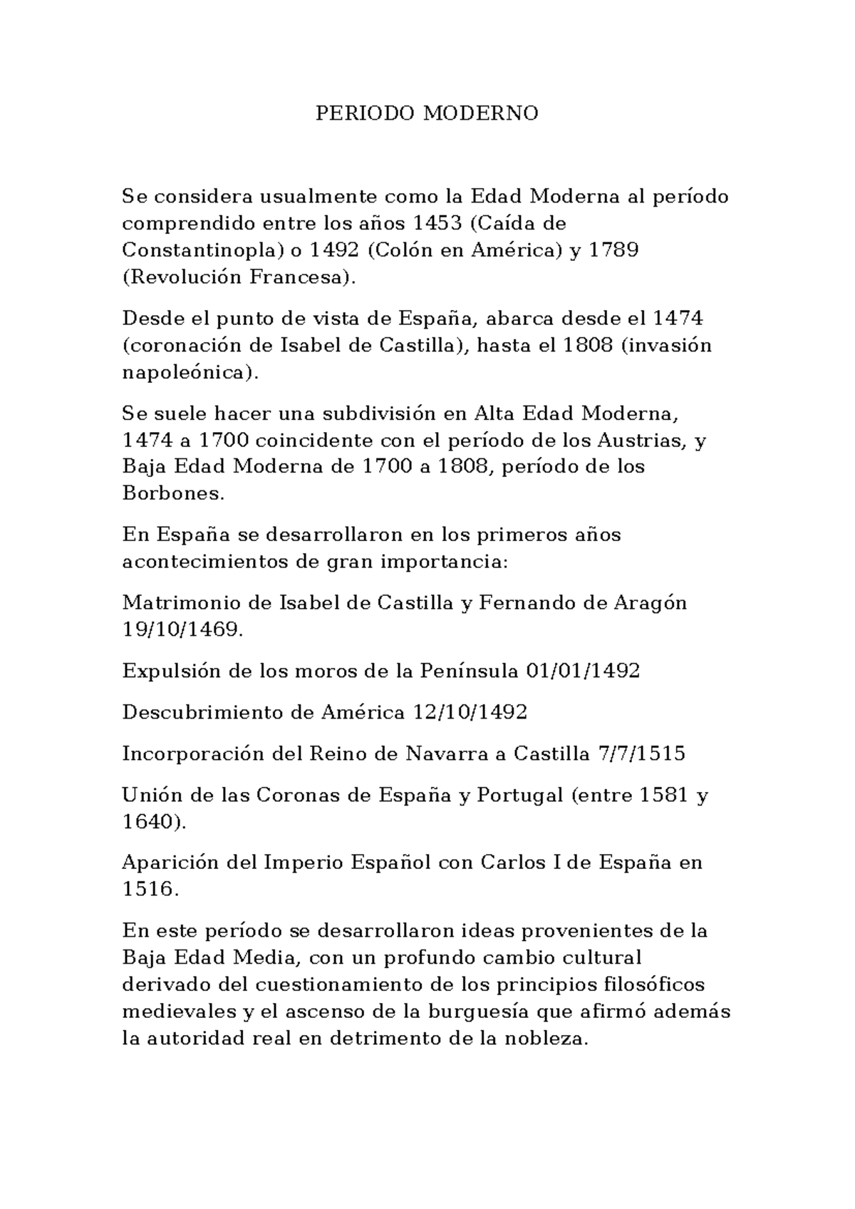 Periodo Moderno - PERIODO MODERNO Se considera usualmente como la Edad ...