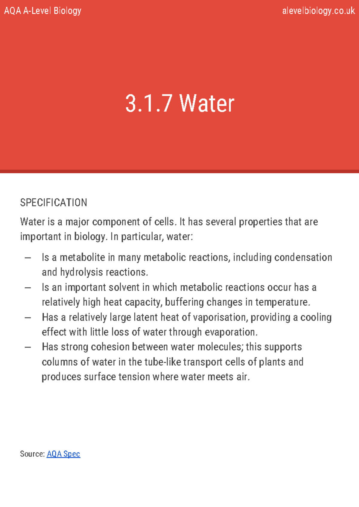 AQA AS Biology 3.1.7 - Water - AQA A-Level Biology alevelbiology.co 3.1 ...