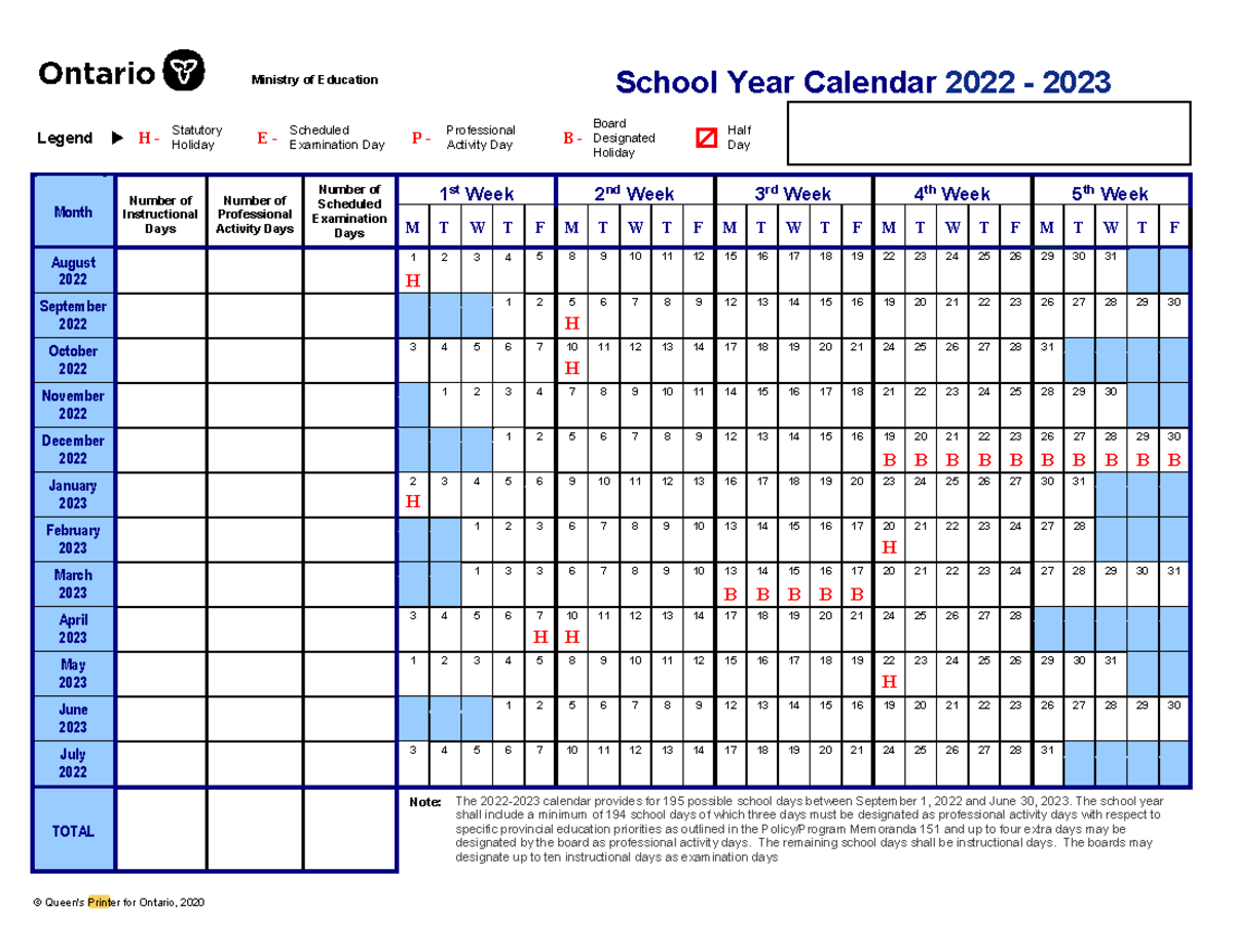 School Year Calendar 2022 -2023 - Ministry of Education School Year ...