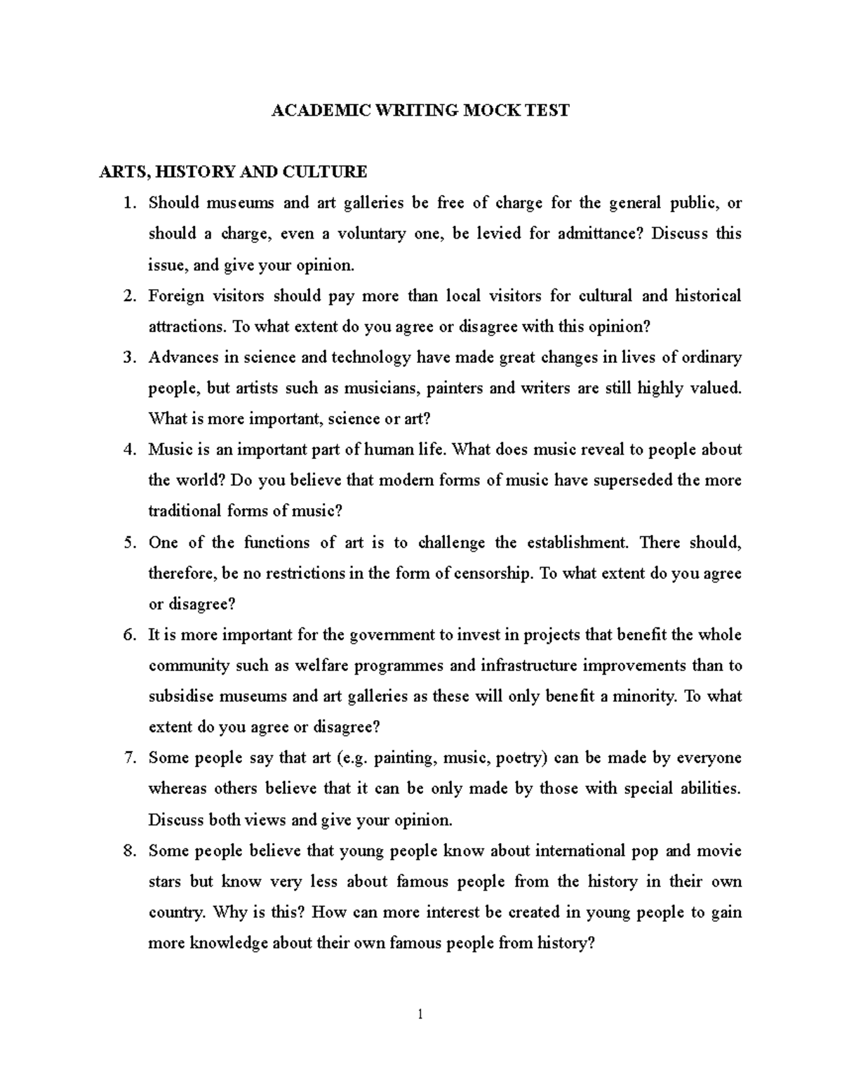 Academic Writing MOCK TEST - ACADEMIC WRITING MOCK TEST ARTS, HISTORY ...
