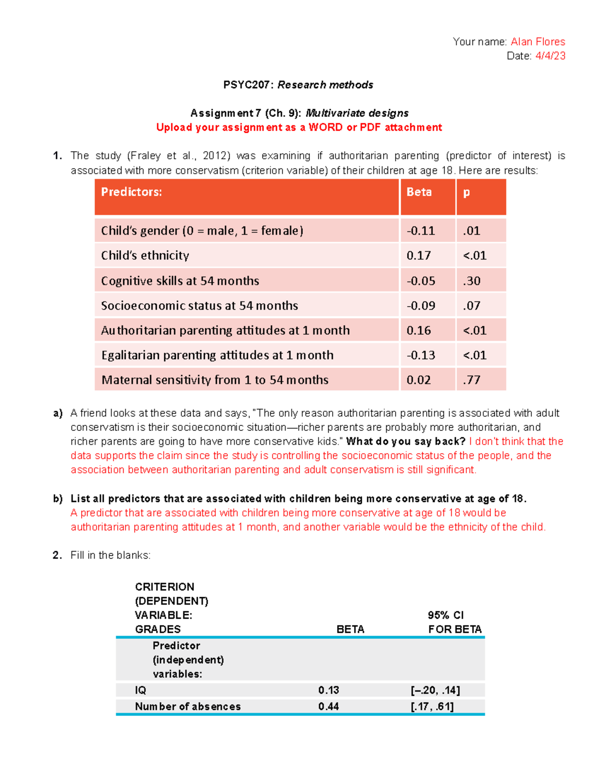 Assignment 7 (chapter 9) - Your name: Alan Flores Date: 4/4/ PSYC207: Research methods ...