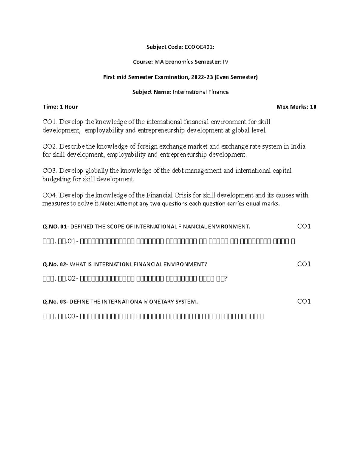 Ecooe 401 International Finance - Subject Code: ECOOE401: Course: MA ...
