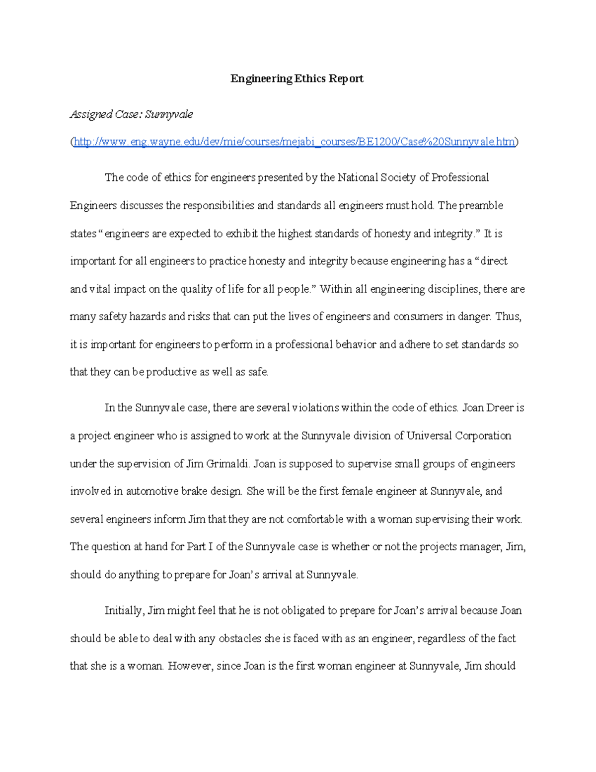Ethics report for BE 1200 - Engineering Ethics Report Assigned Case ...