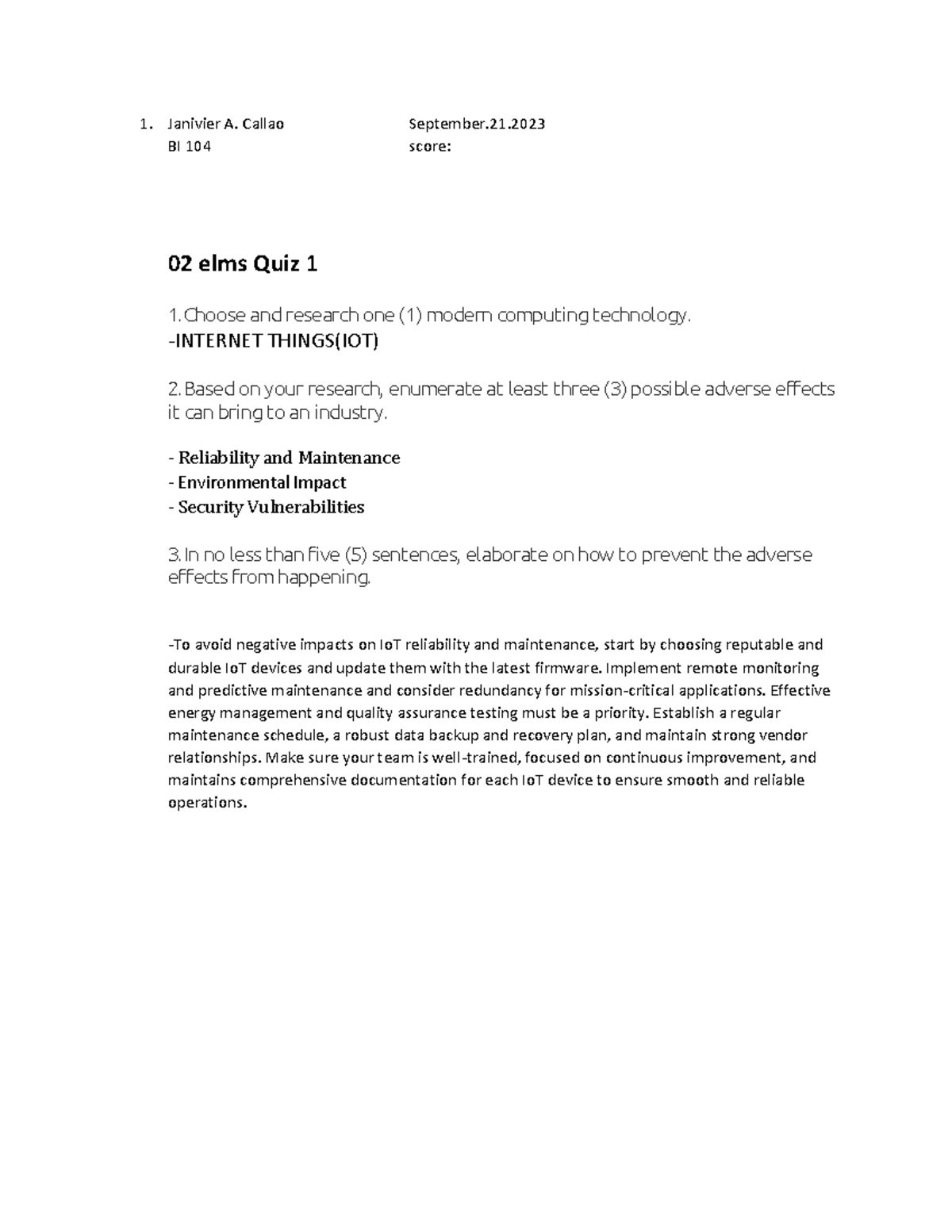 02 elms Quiz 1 - Quiz - 1. Janivier A. Callao September. BI 104 score ...