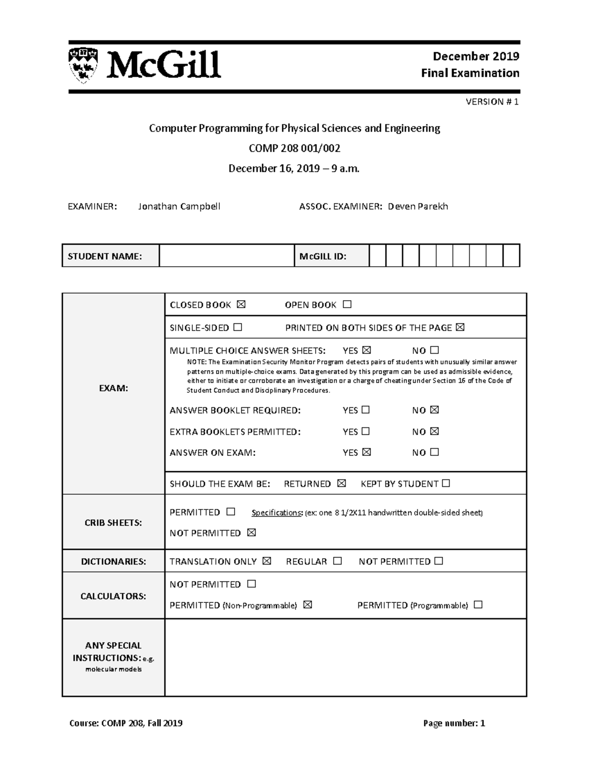 Final COMP208 F2019 sol - Course: COMP 208, Fall 2019 Page number: 1 ...