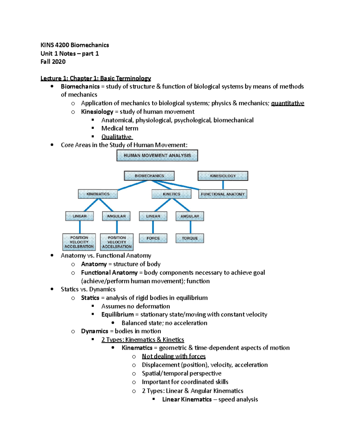 Biomechanics Unit 1 part 1 of 3 Notes - KINS 4200 Biomechanics Unit 1 ...