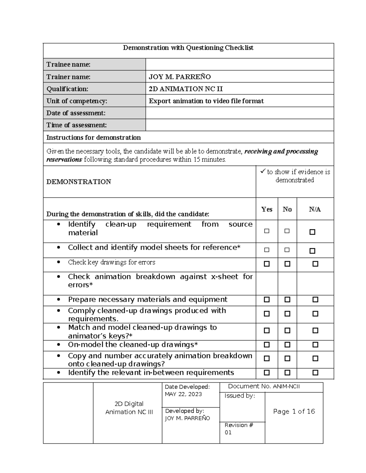 Institutional Assessment FORM UC4 - Demonstration with Questioning ...