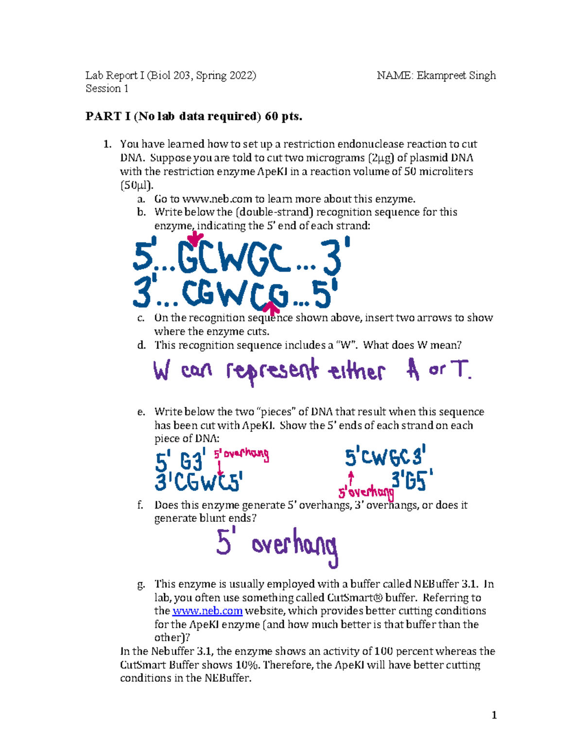 Lab Report I Singh Ekampreet Sec1 - Lab Report I (Biol 203, Spring 2022 ...