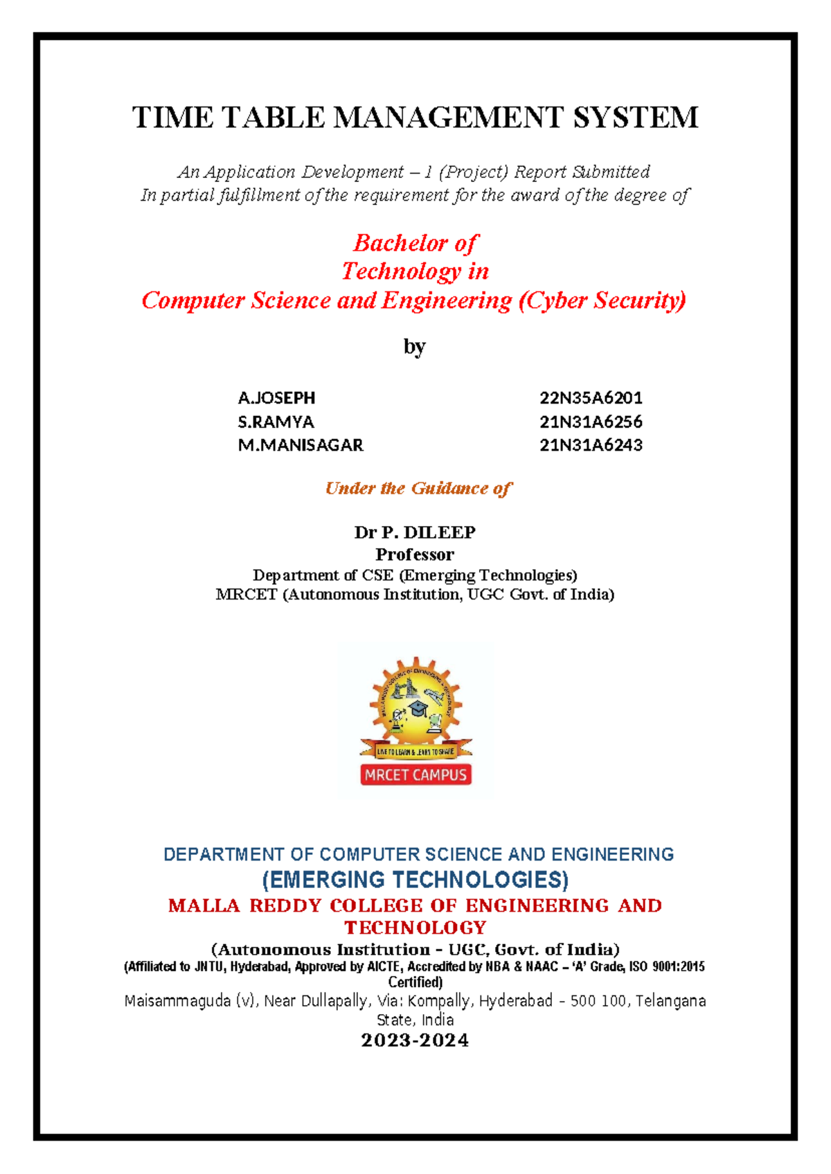 AD-1 - Time Table Management System - TIME TABLE MANAGEMENT SYSTEM An ...