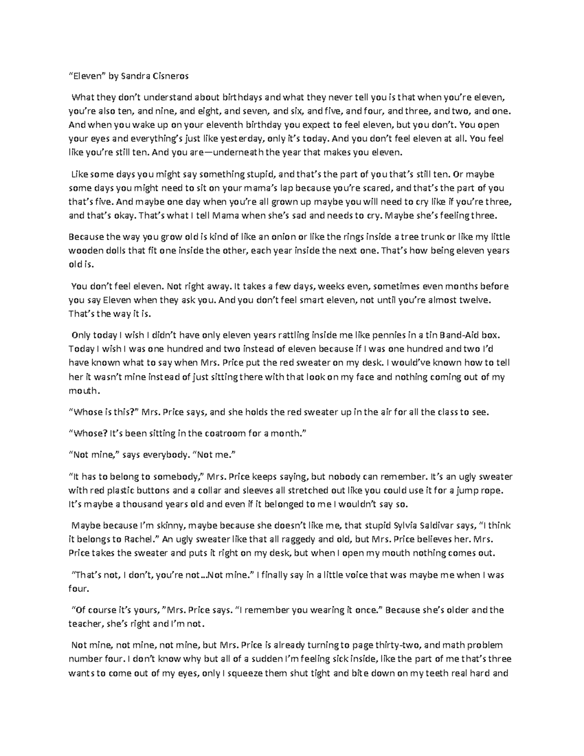 Eleven by Cisneros - story - “Eleven” by Sandra Cisneros What they don ...