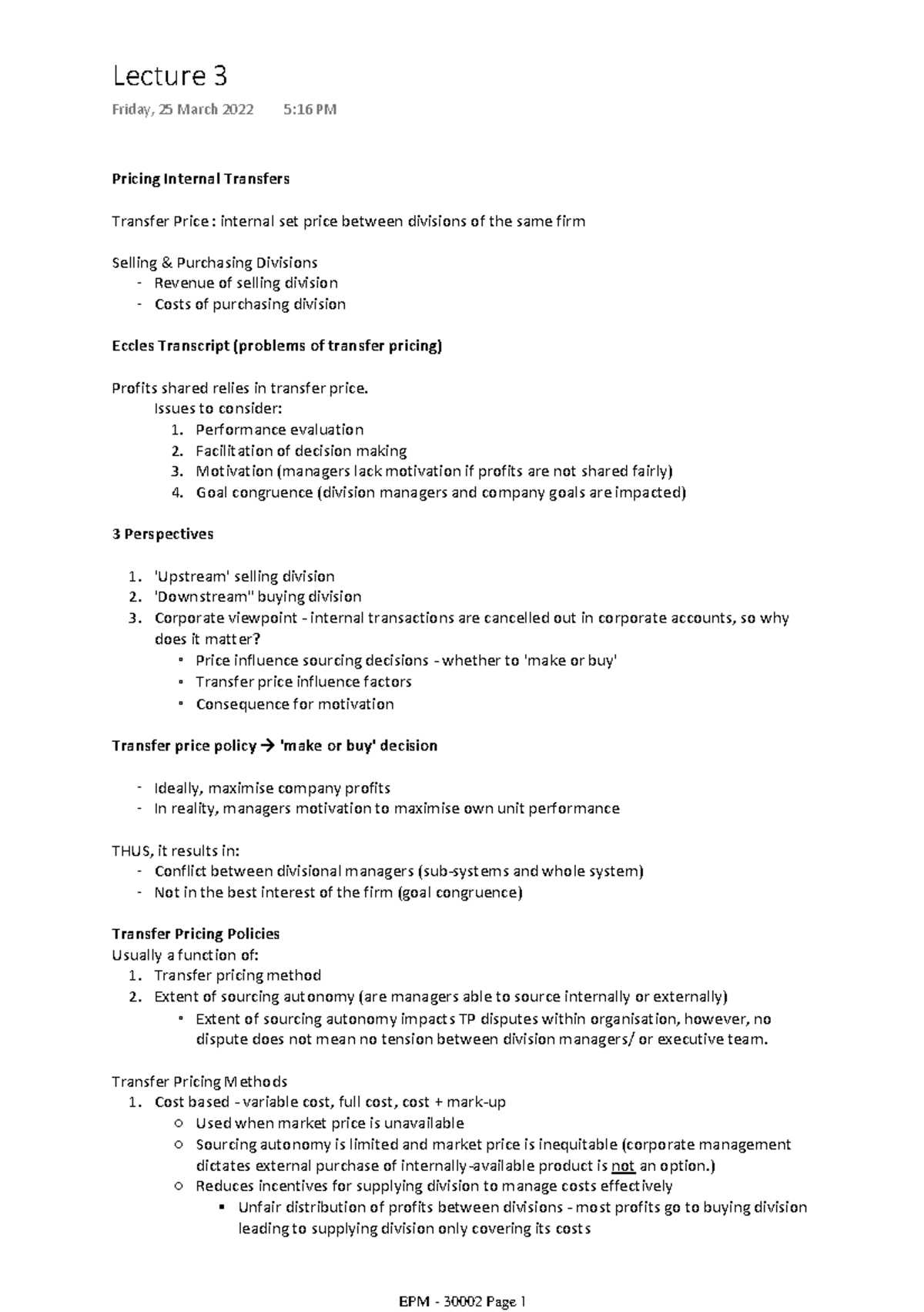Stu Doc 3 - Lecture 3 notes - Pricing Internal Transfers Transfer Price ...
