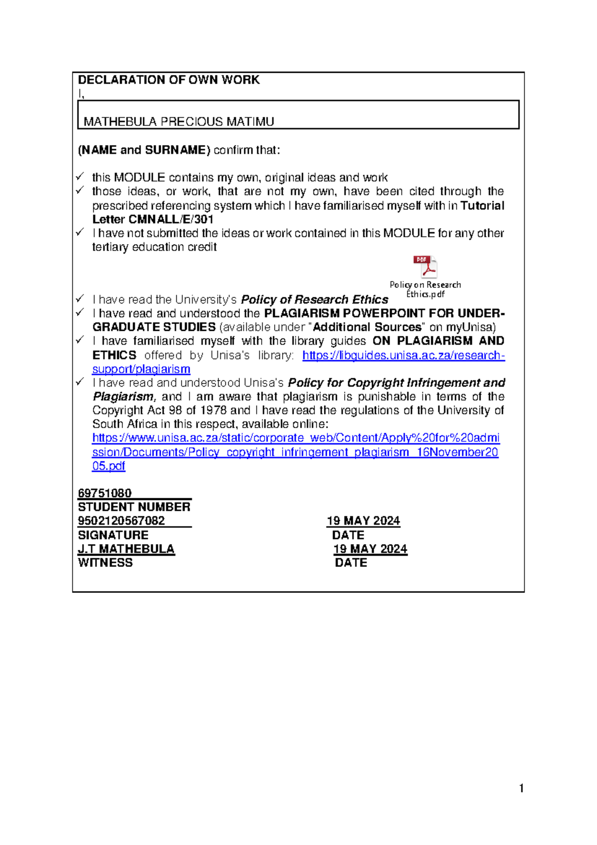 PUB3702 Portfolio - DECLARATION OF OWN WORK I, MATHEBULA PRECIOUS ...