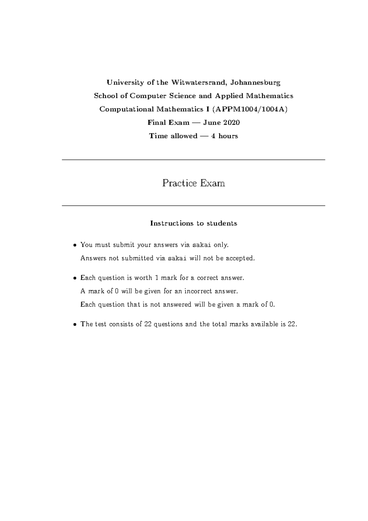 Practice exam - These are practise questions for computational ...