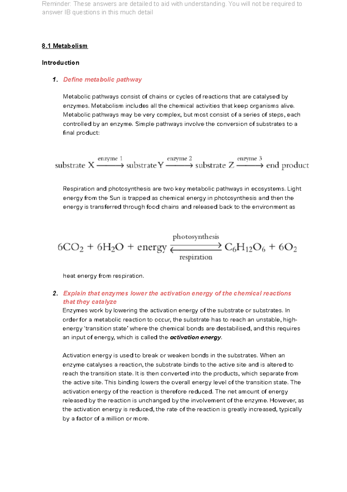 8. Metabolism (HL) - Biology Year 11/12 Band 6 Notes - answer IB ...