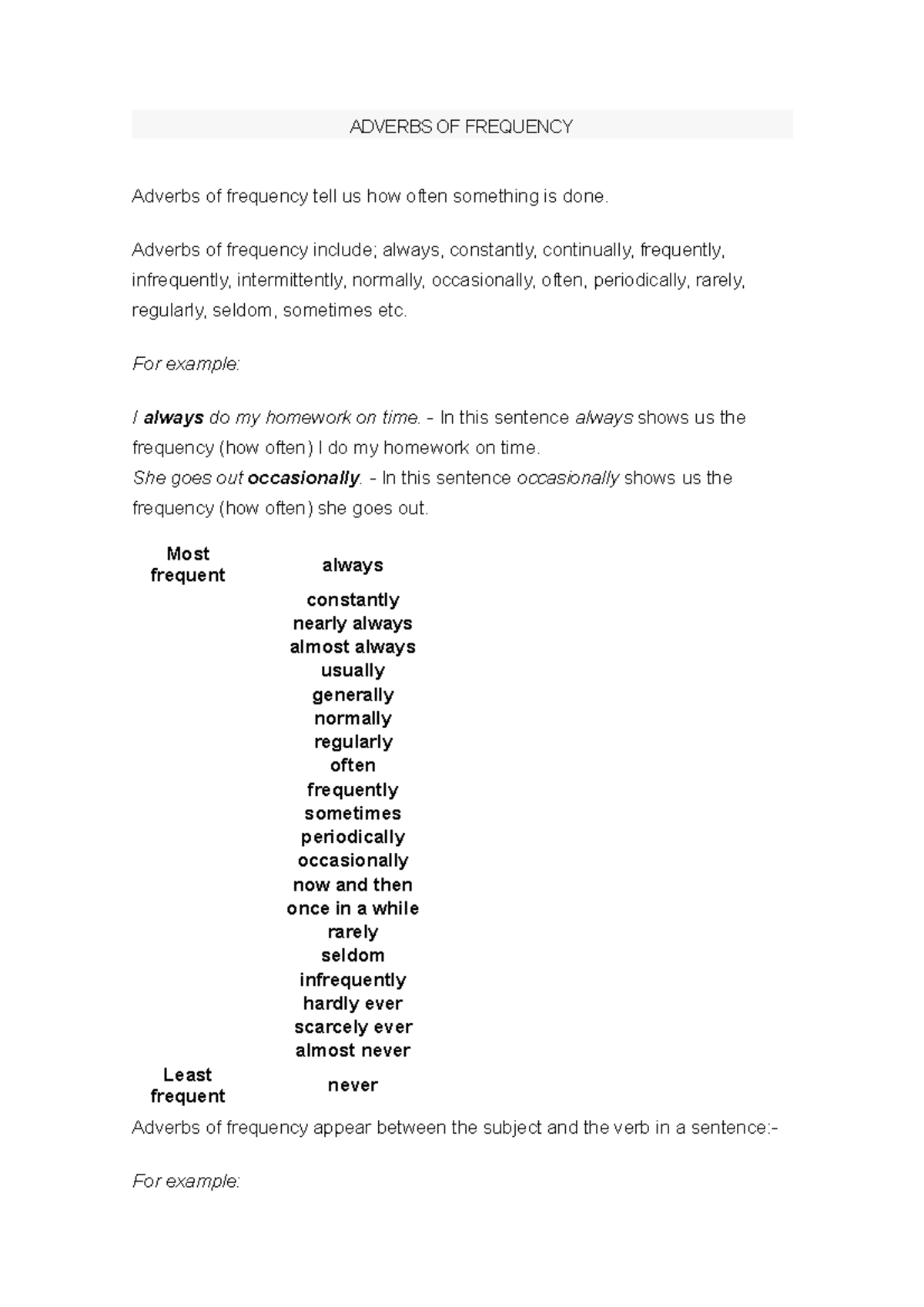 Adverbs of frequency - los adverbios - ADVERBS OF FREQUENCY Adverbs of ...