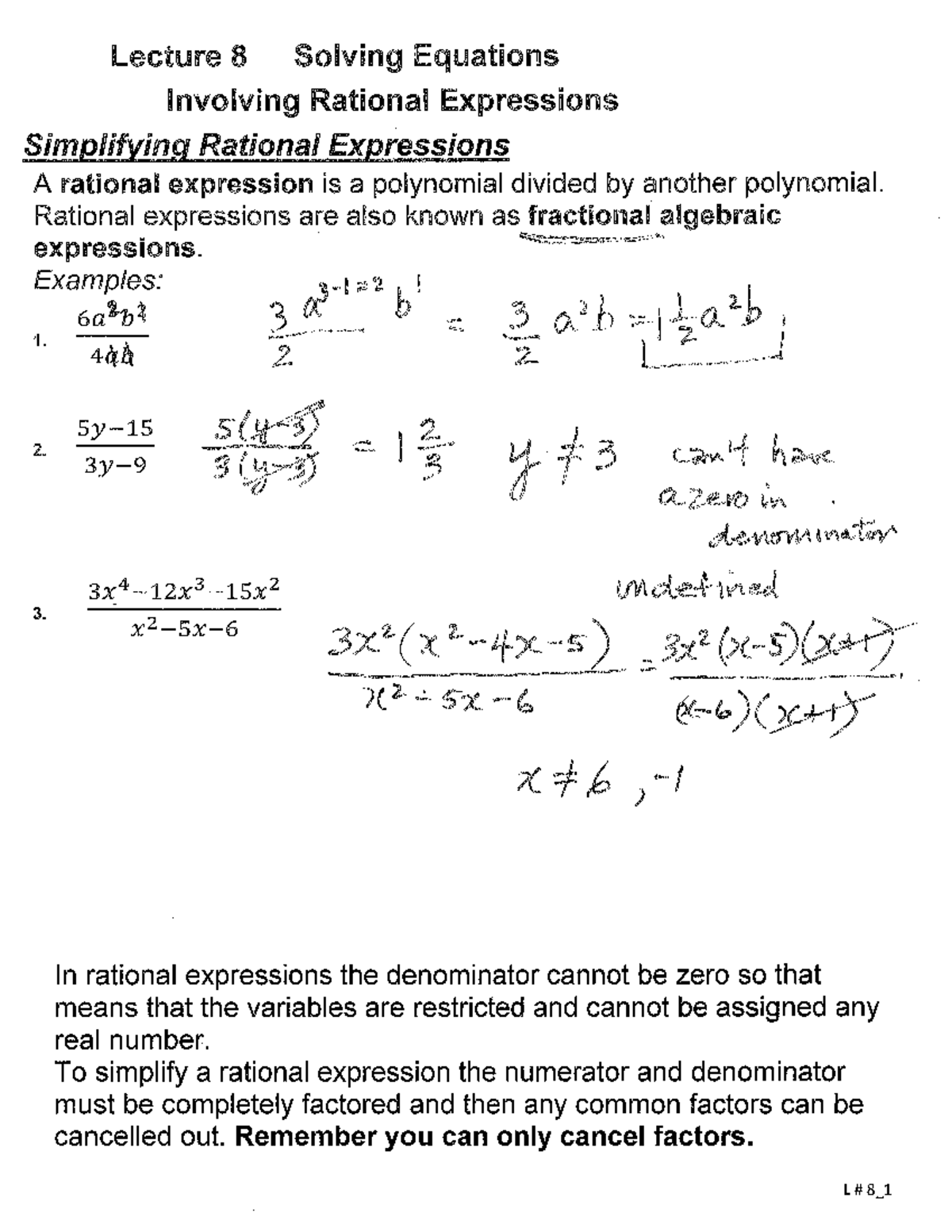OPMT 0199 Lec 8 Solving Equations Involving Rational Expressions ...
