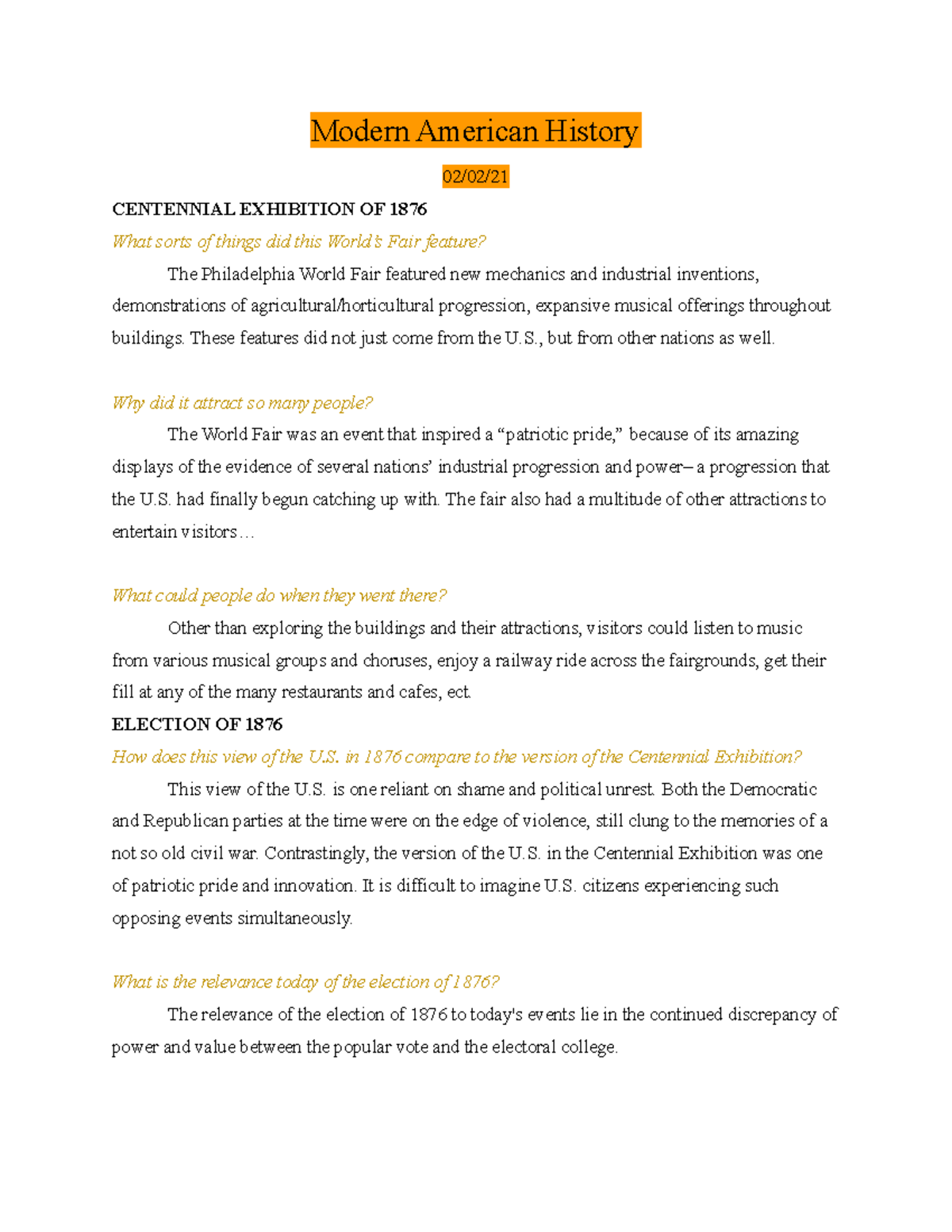 HIST Notes - Modern American History 02/02/ CENTENNIAL EXHIBITION OF ...