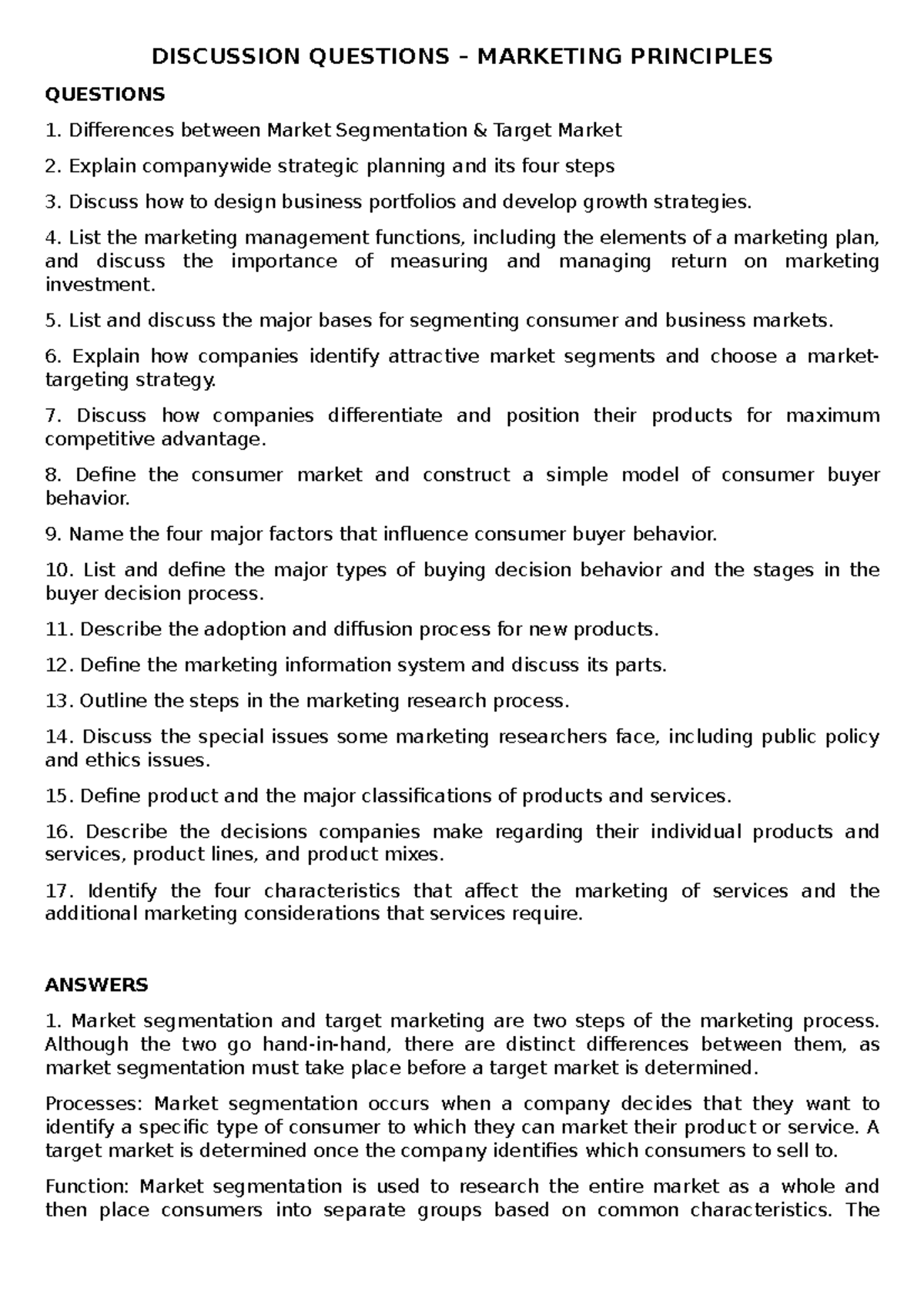 Marketing discussion questions - DISCUSSION QUESTIONS – MARKETING ...