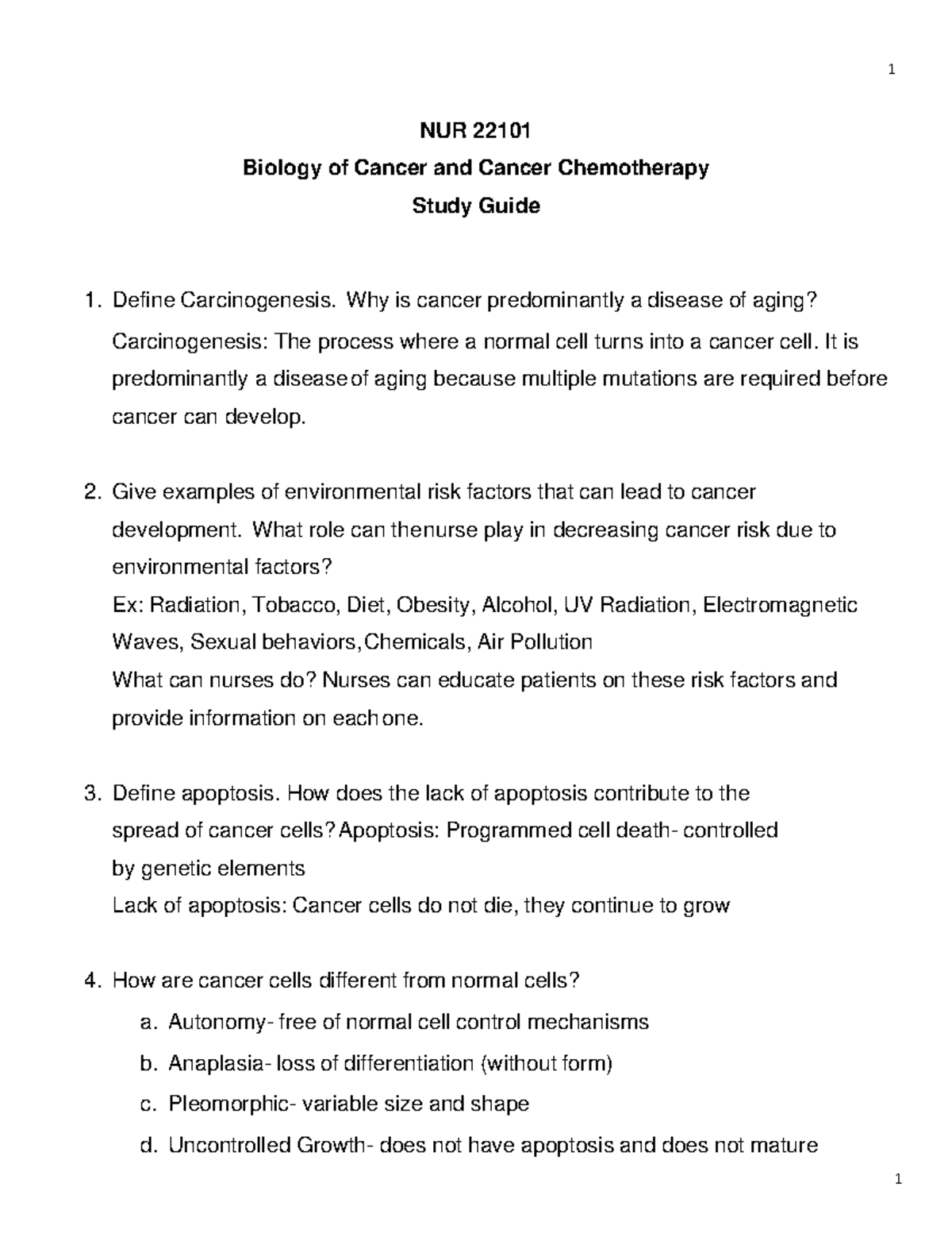 Biology of Cancer and Cancer Chemotherapy Study Guide - 1 NUR 22101 ...