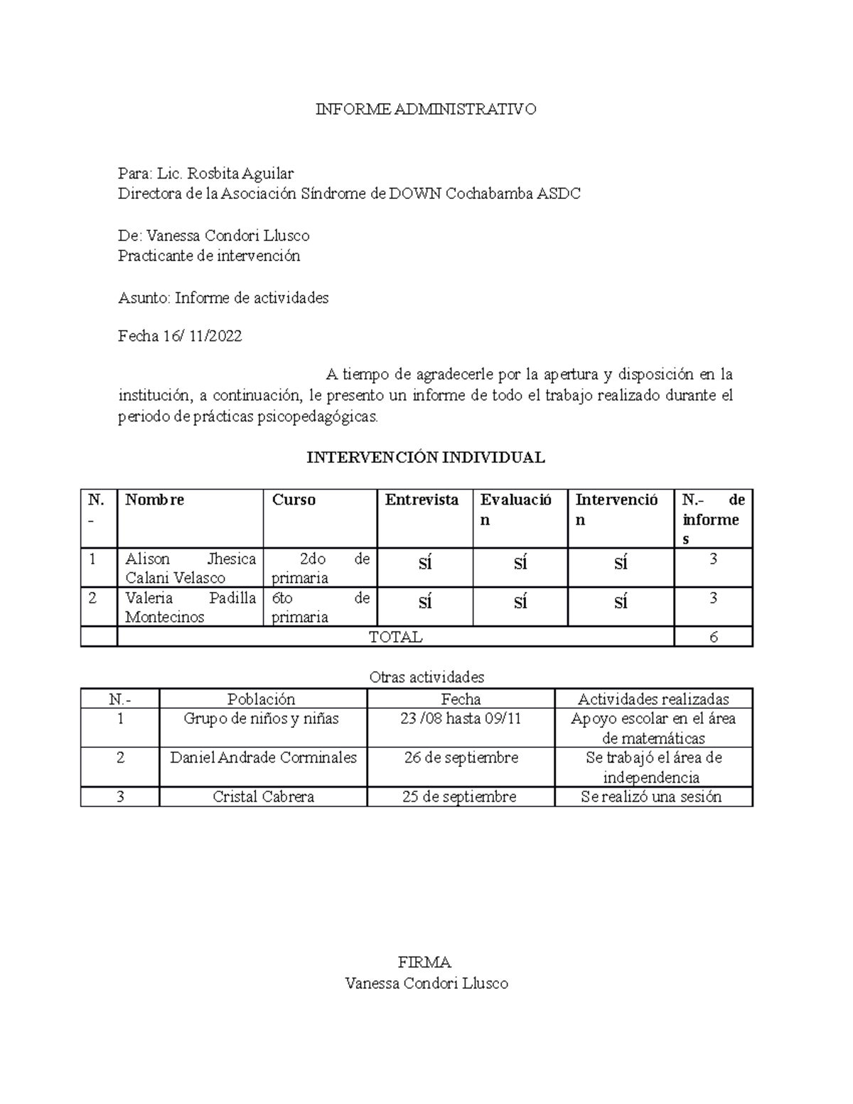 Informe Administrativo - INFORME ADMINISTRATIVO Para: Lic. Rosbita ...