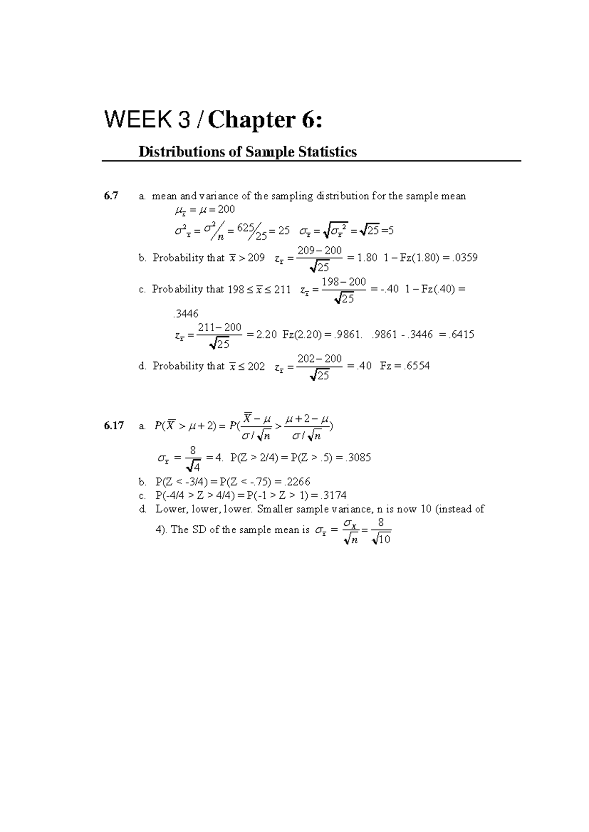 Answers to tutorial exercises week3 - WEEK 3 / Chapter 6: Distributions of Sample Statistics 6 a ...