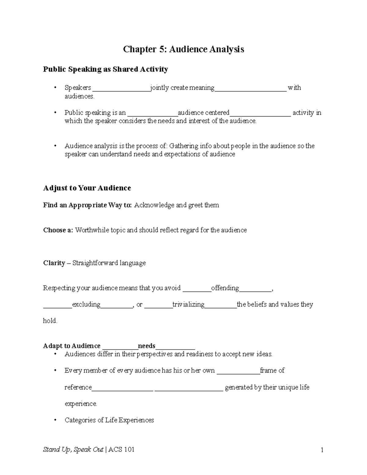 Chapter 5 public speech notes - Chapter 5: Audience Analysis Public ...