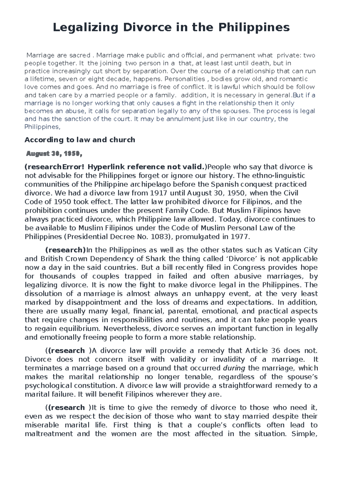 432699727 Position Paper on Legalizing Divorce - Legalizing Divorce in ...