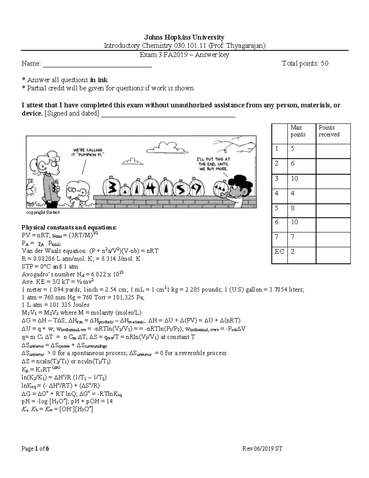 Exam 3 FA2019 answerk key v1 - Introductory Chemistry 030.101 (Prof ...