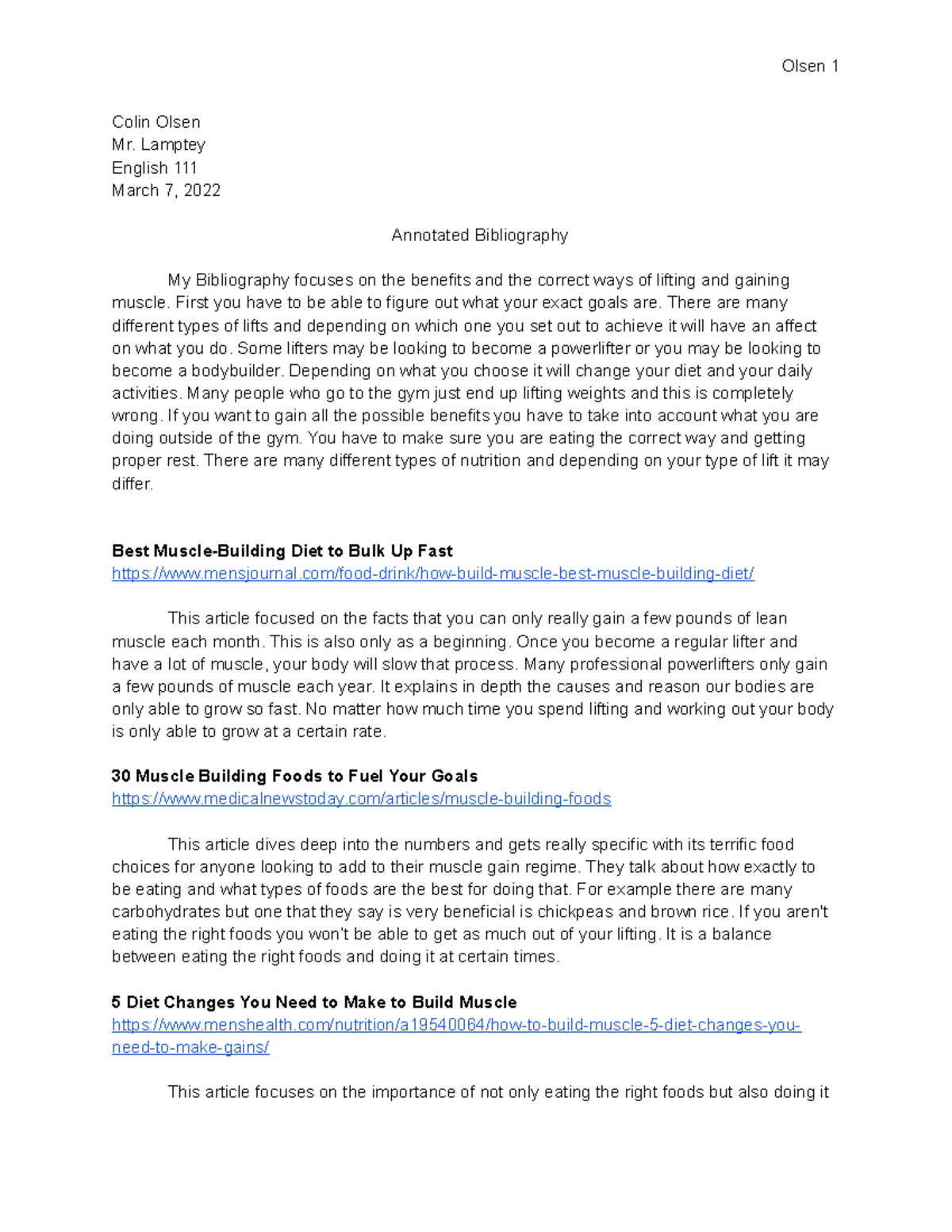 ENG 111 Annotated Bibliography - Colin Olsen Mr. Lamptey English 111 March 7, 2022 Annotated ...