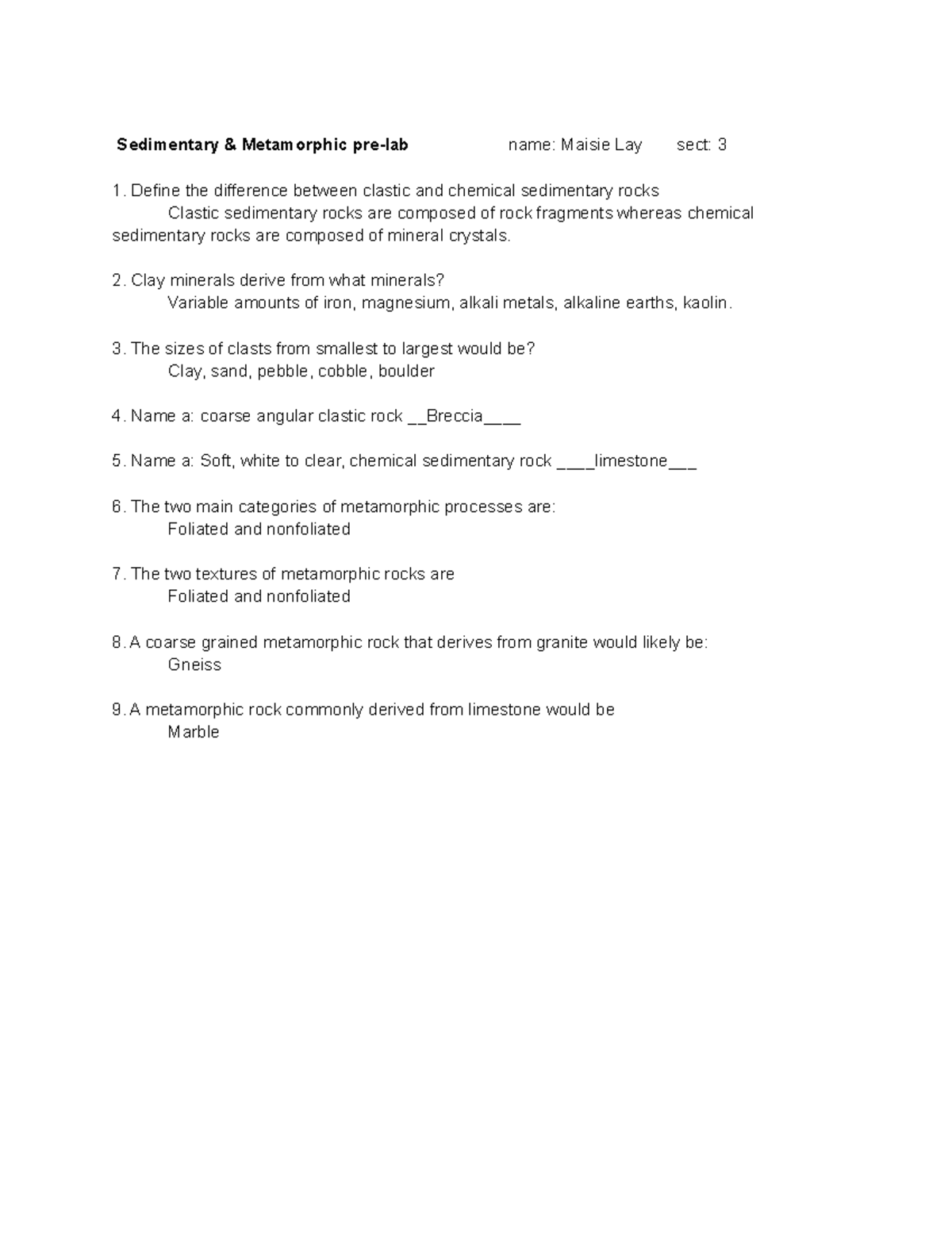 Sedimentary & Metamorphic pre-lab - Sedimentary &amp; Metamorphic pre ...