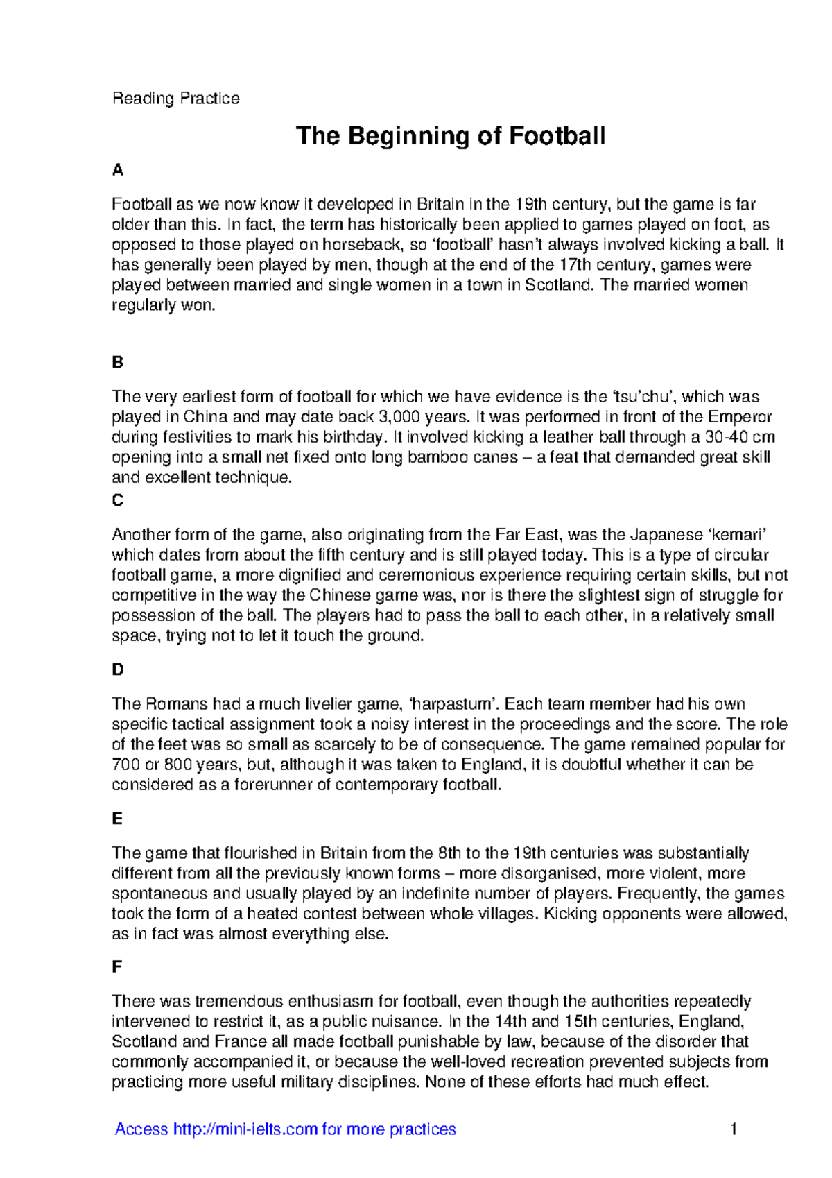 The beginning of football - Reading Practice The Beginning of Football ...