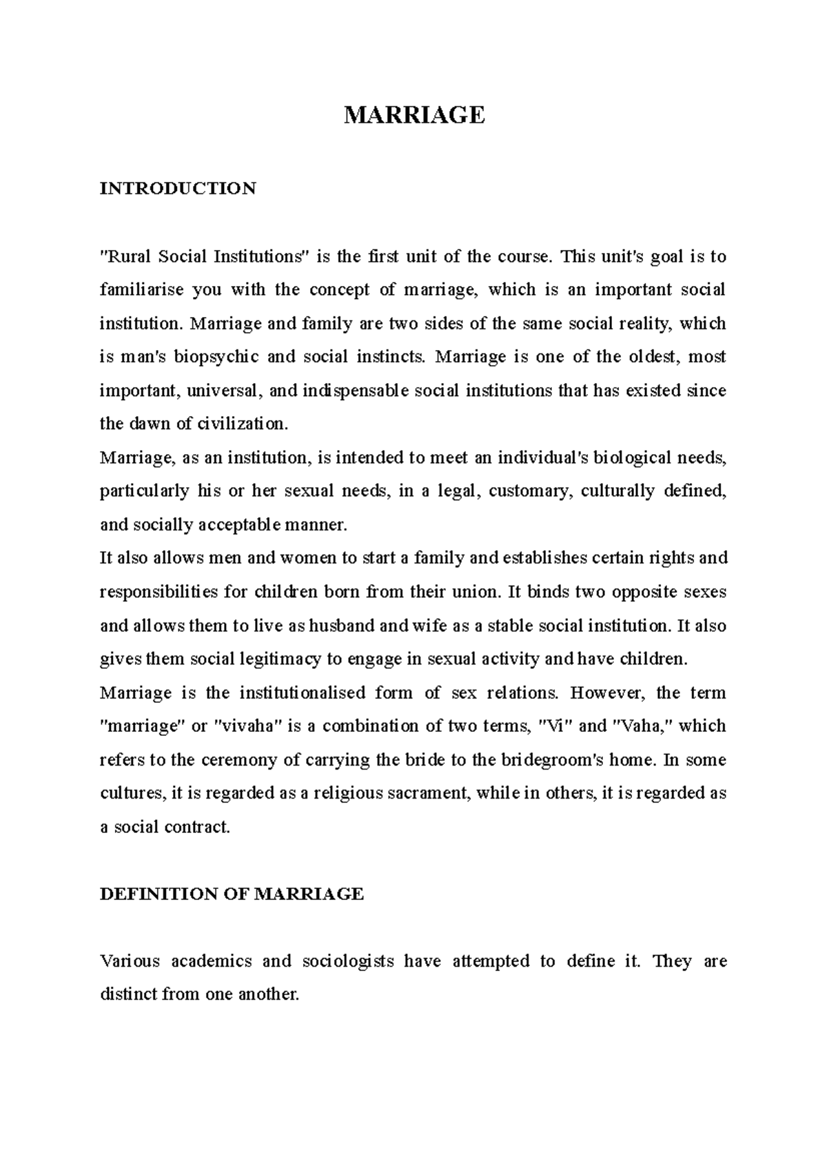Marriage - Lecture notes 9 - MARRIAGE INTRODUCTION "Rural Social ...