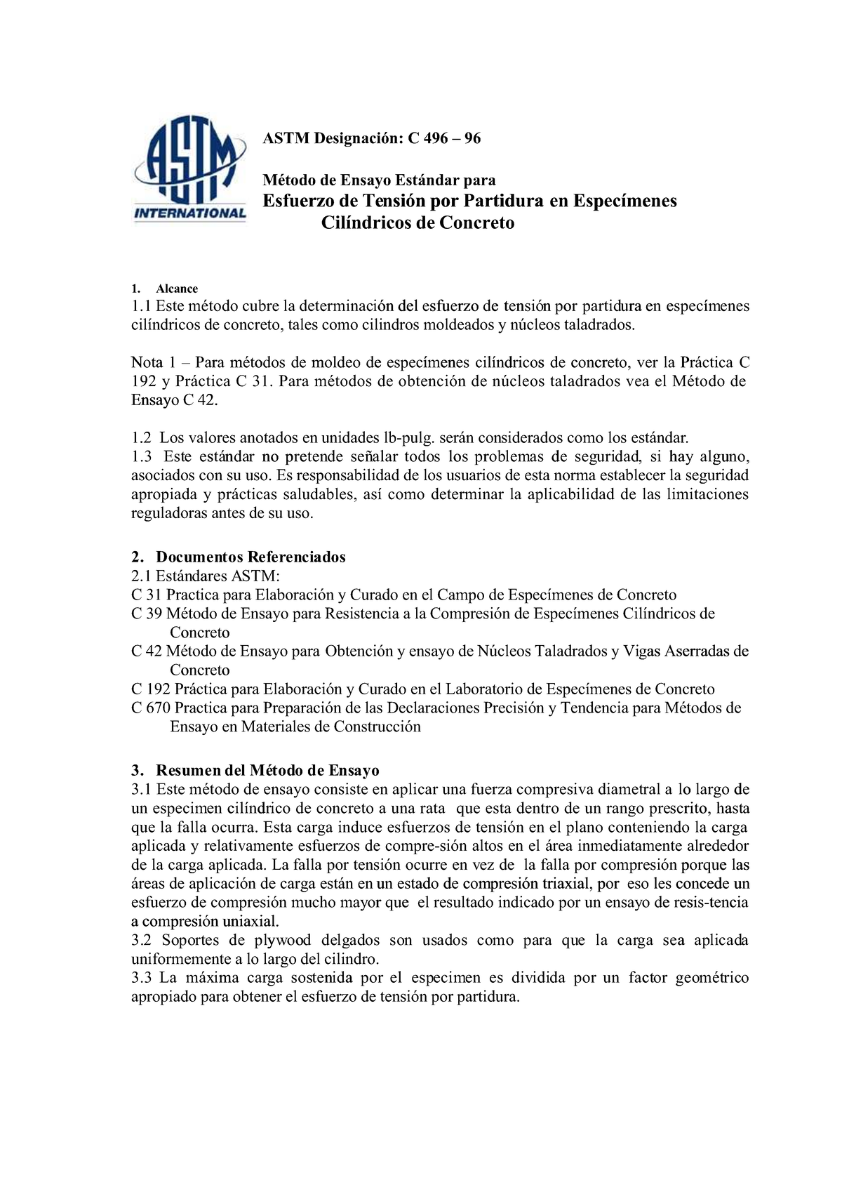 ASTM C496 Ensayo Esfuerzo de Tensión - ASTM Designación: C 496 – 96ASTM ...