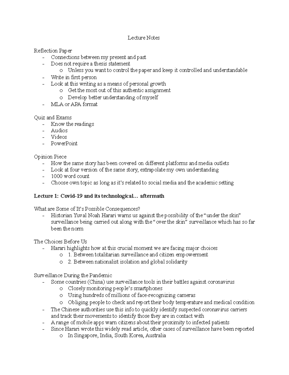 Lecture Notes - Lecture Notes Reflection Paper - Connections between my ...