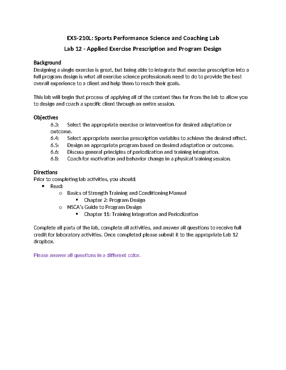 Lab 12 - 100% - EXS-210L: Sports Performance Science and Coaching Lab ...