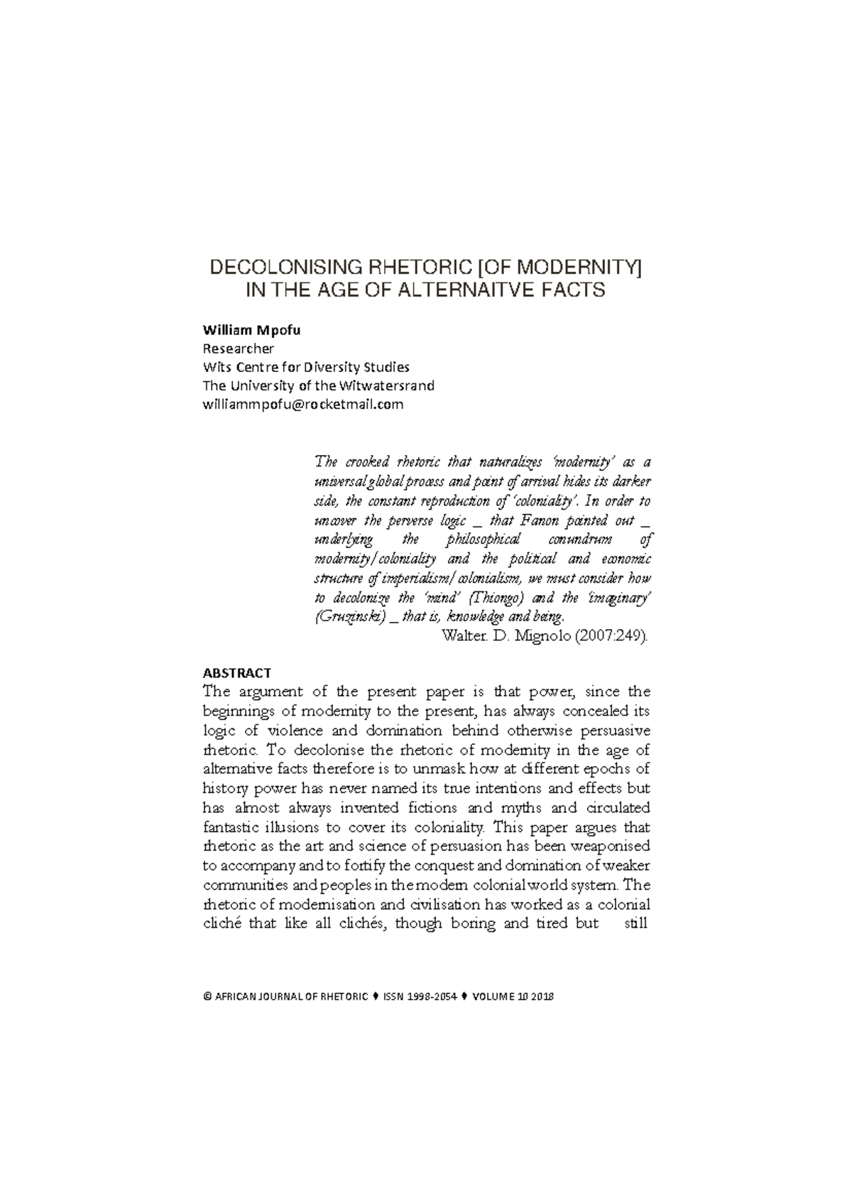 Decolonising Rhetoric OF Modernity IN THE AGE OF Alternaitve Facts By ...